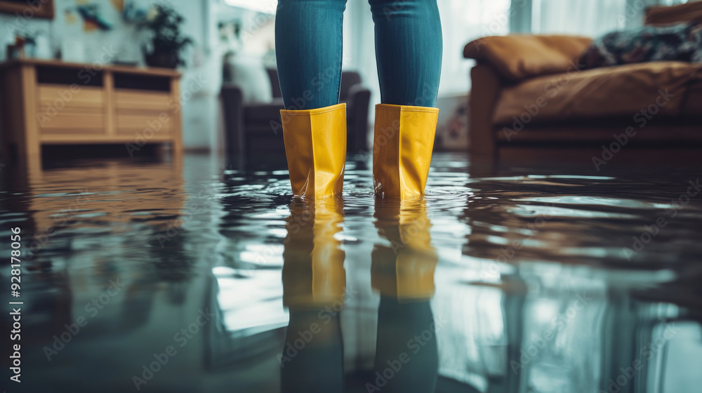 Flood and inundated concept image with person wearing yellow rubber ...