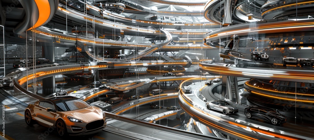 Car parking lot with many cars on the floating spiral platform Stock ...