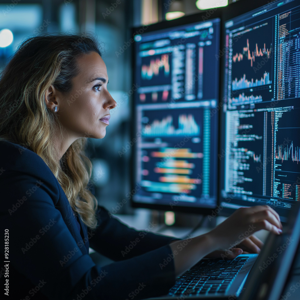 Business analyst working intently on multiple computer screens displaying data and graphs in a ...