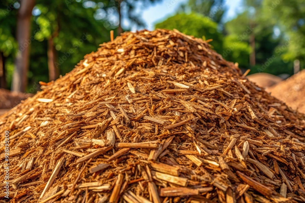 Freshly shredded mulch in a neat pile, golden brown color, varying ...
