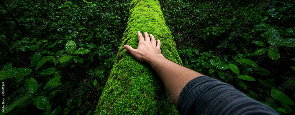 First-person perspective of a hand reaching out to touch a tree covered ...