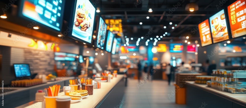 Blurred interior of a fast food restaurant with people, colorful signs ...