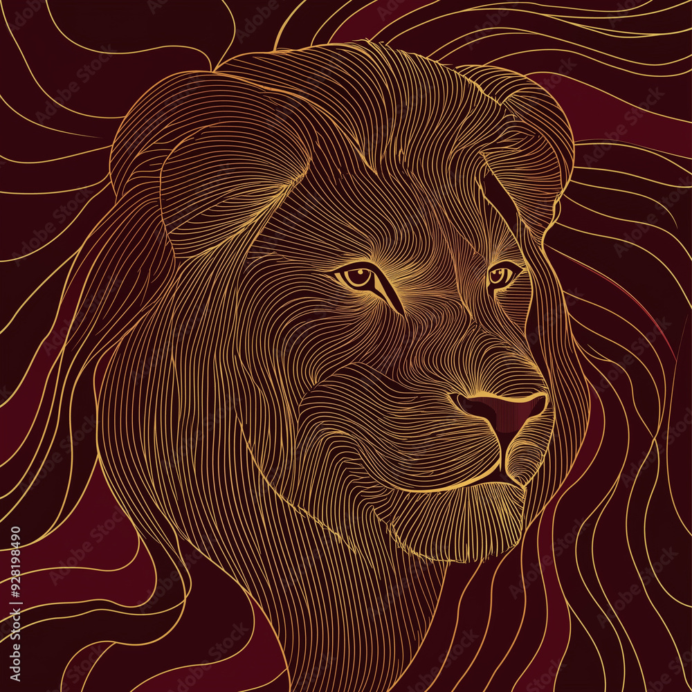 Regal Presence: Lion Bold Vector Art with Golden Lines on a Maroon ...