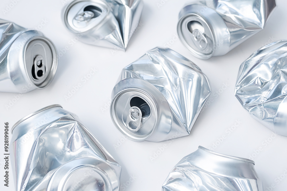 Crushed aluminum cans on white background. Recycling and waste ...