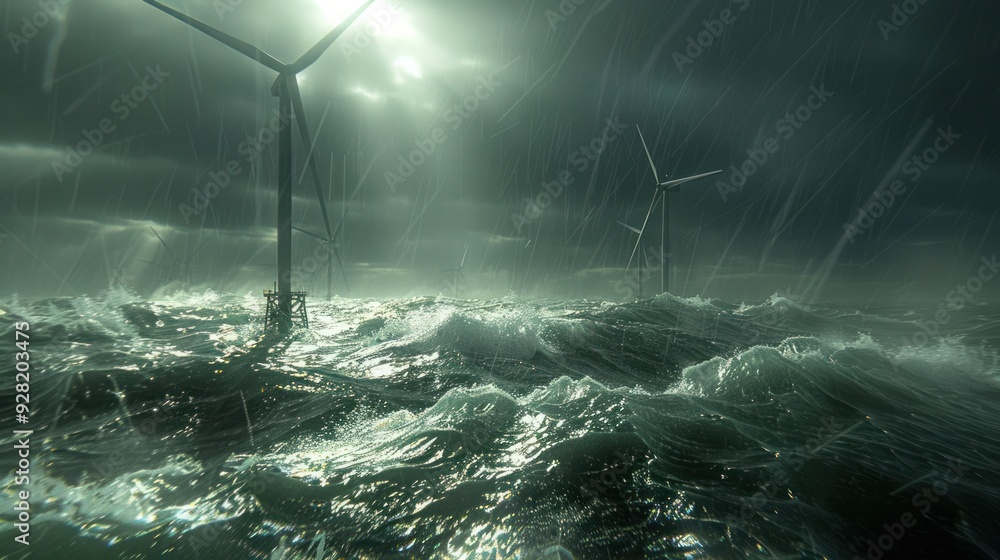 Stormy Seas with Offshore Wind Turbines - Dramatic scene of turbulent ...