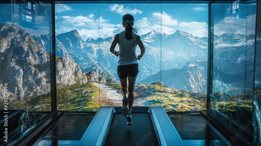 Runner on a treadmill equipped with virtual reality, experiencing a ...