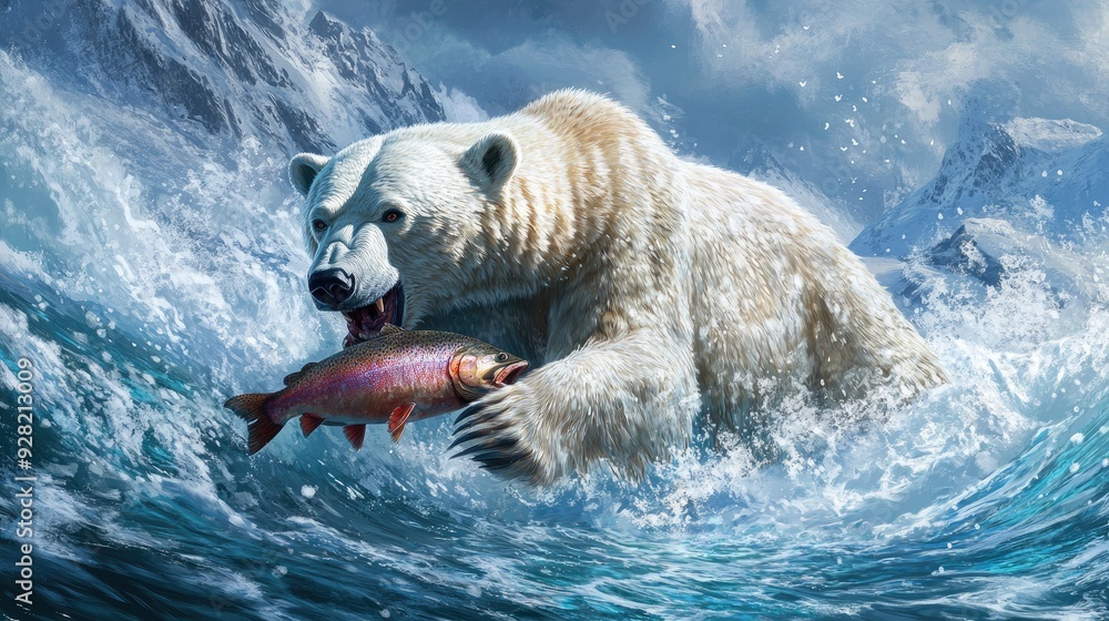 Powerful polar bear tearing into a salmon, with the icy waters and a ...