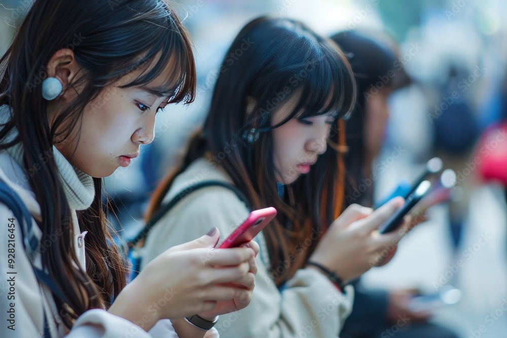 Three Young Japanese Women Busy Checking Social Media On Their ...