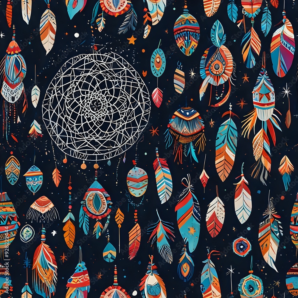 Seamless Pattern Artwork with Native American Motifs, Vibrant Colors ...