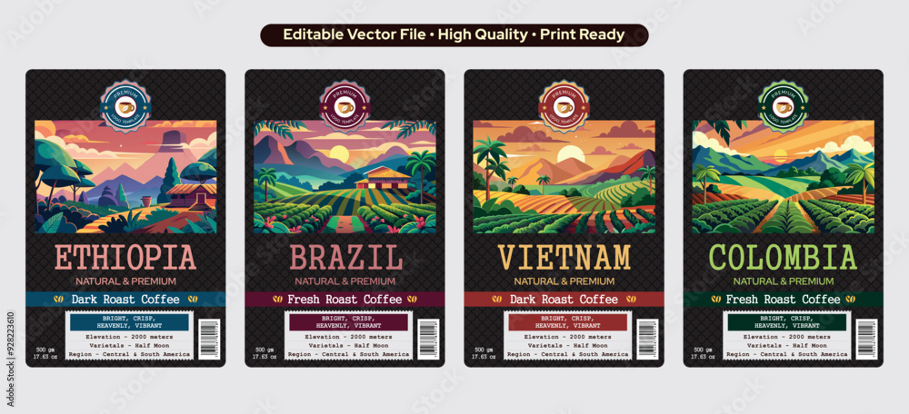 Premium Ethiopian Coffee label design in dark black theme Brazil Coffee ...