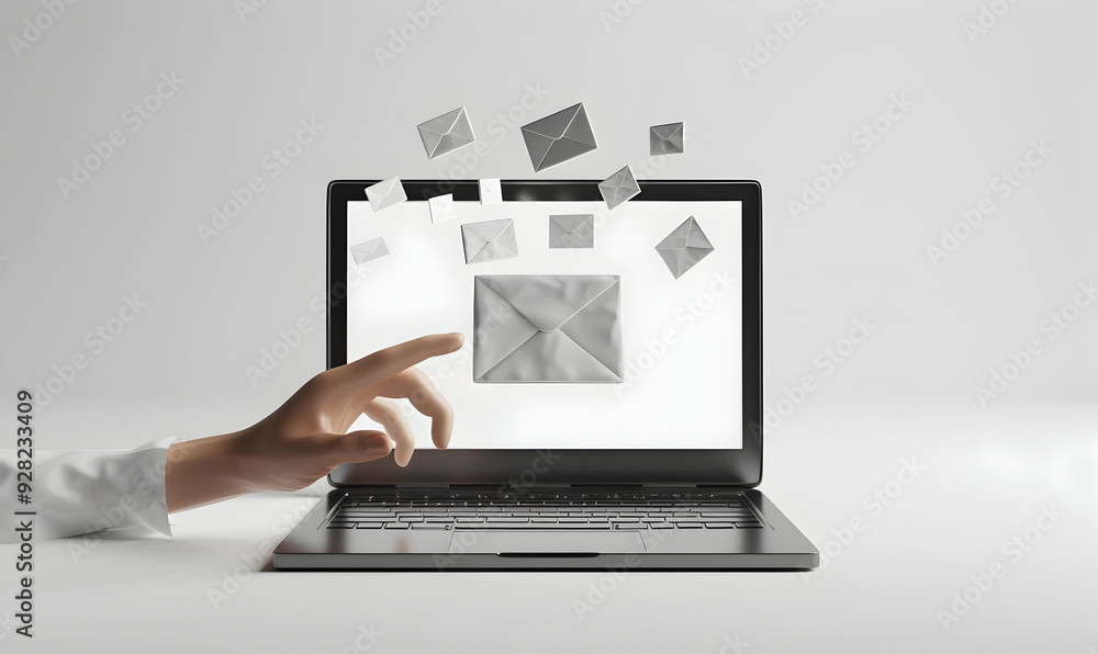 Hand reaching out to touch a 3D rendered email icon floating above a ...