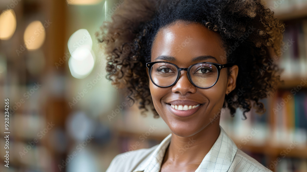 smiling young African American female librarian face with natural hair ...