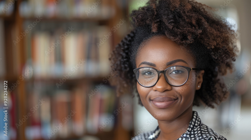 smiling young African American female librarian face with natural hair ...