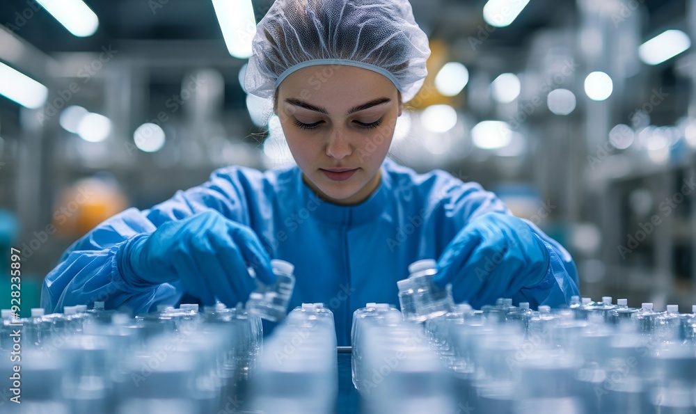 Female production worker examining medicine bottles on pharmaceutical ...