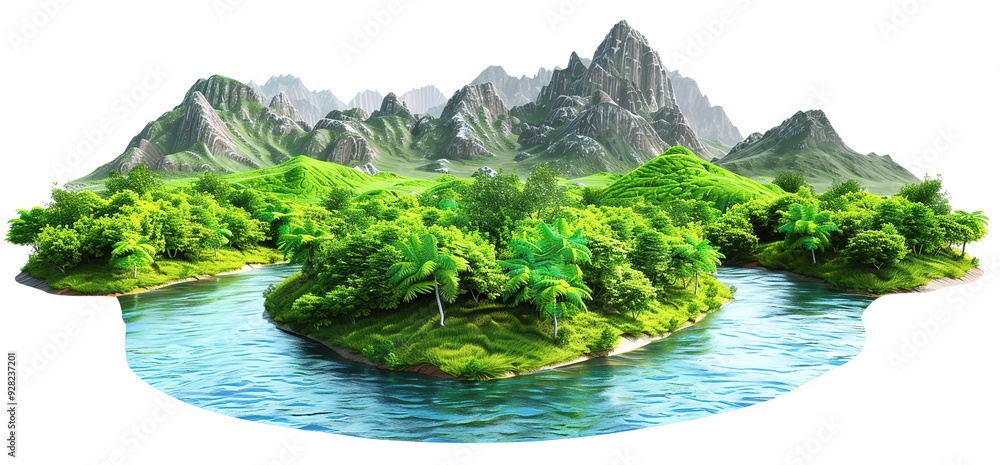 Tropical island paradise with lush vegetation, palm trees, and a ...