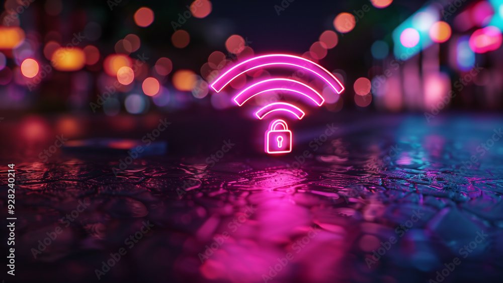 Neon pink Wi-Fi symbol with lock icon with colorful bokeh lights ...