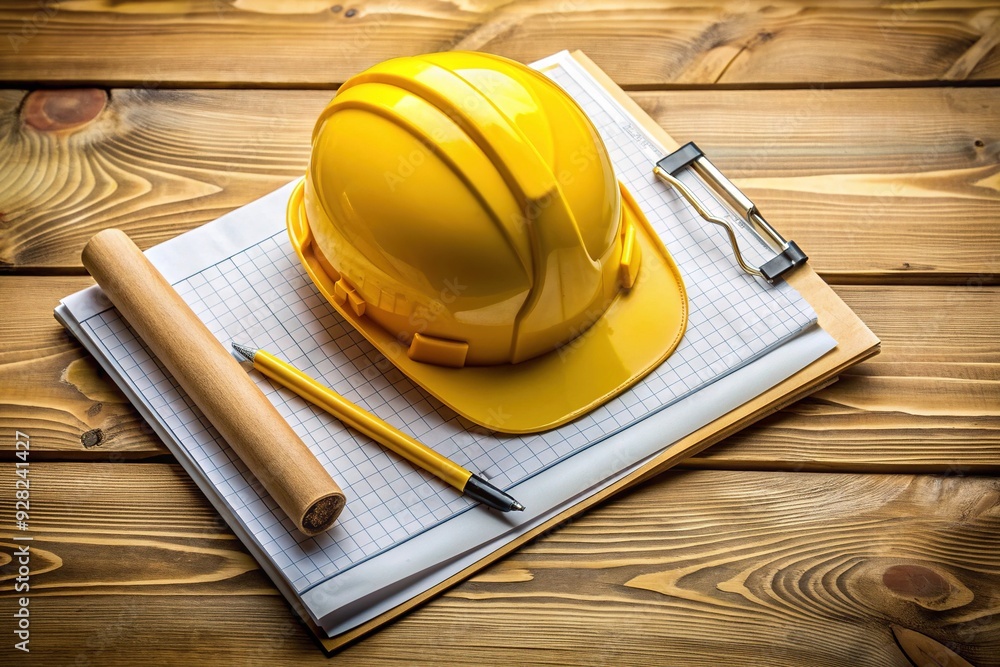 Yellow hard hat and folded blueprint with levelling instrument and ...