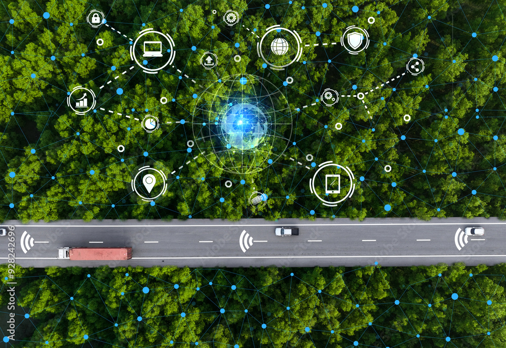 Aerial top view driverless car and hydrogen-powered truck cruising ...