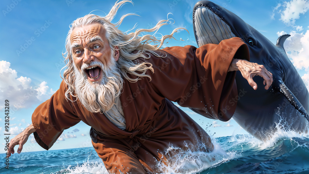 High detailed art illustration bible scene concept. Big fish spitting ...