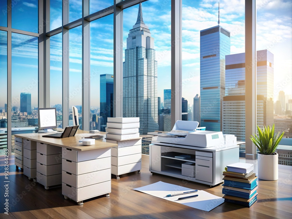 Modern office background with stacks of freshly printed documents ...