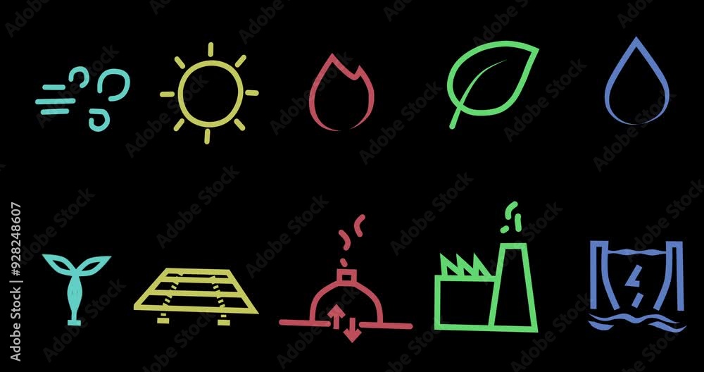 Sustainable, icons and process with green energy for global environment ...