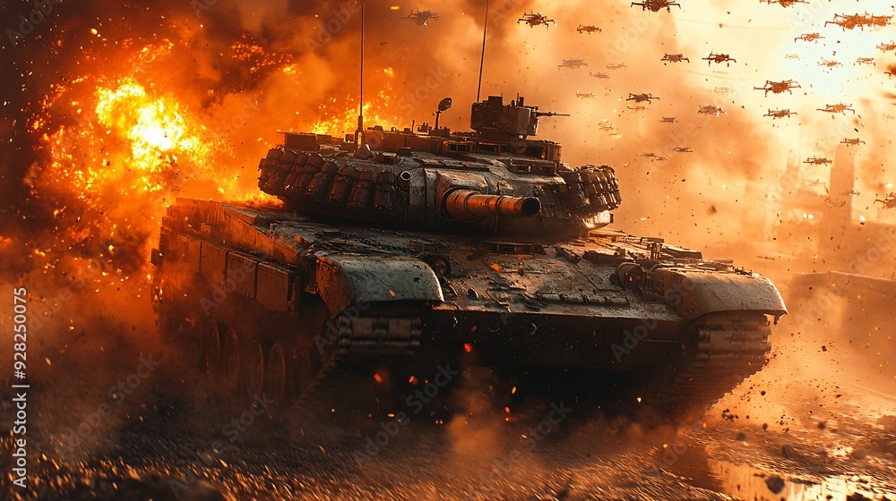 A tank surrounded by enemy drones in a futuristic war zone, with the ...