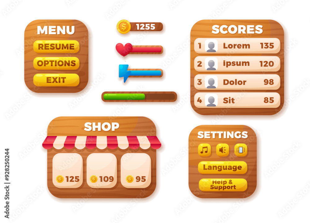 Progress bar, game menu items set, vector buttons for ui game design ...