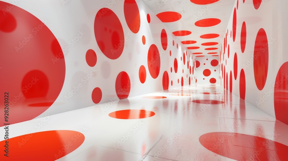 minimalist long white room with red dots on all surfaces, filled with ...