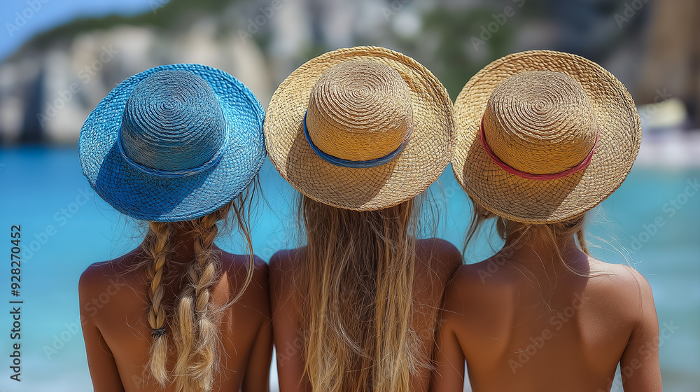 Three women are standing on a beach, wearing straw hats and showing off their bare chests. Scene ...
