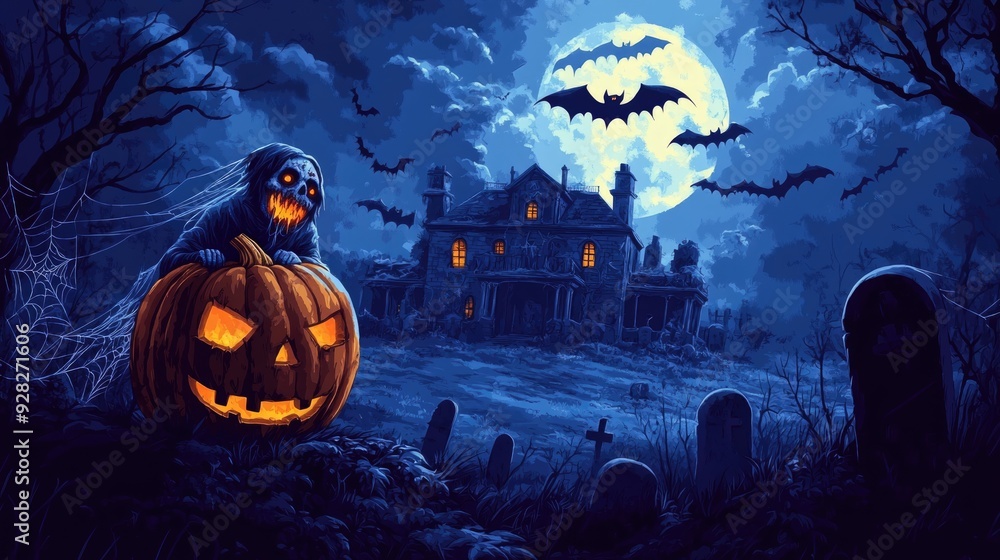 Dark and spooky Halloween night with a pumpkin zombie rising from a ...