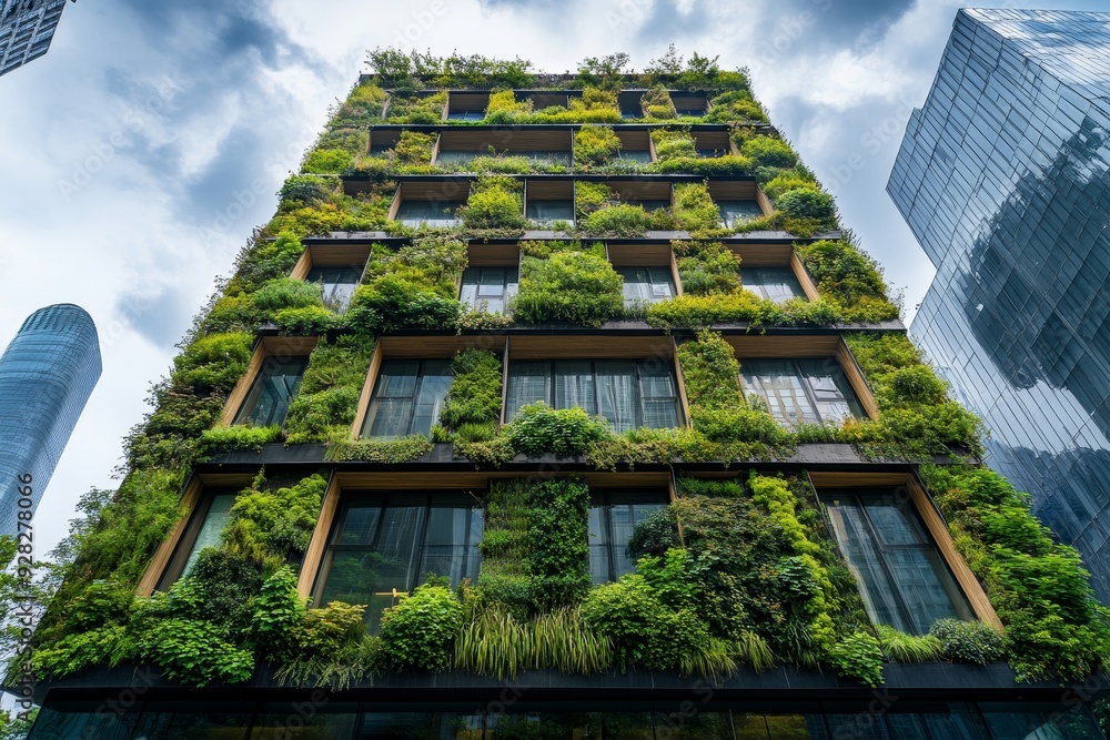 Sustainable green building in modern city. Green architecture. Eco ...