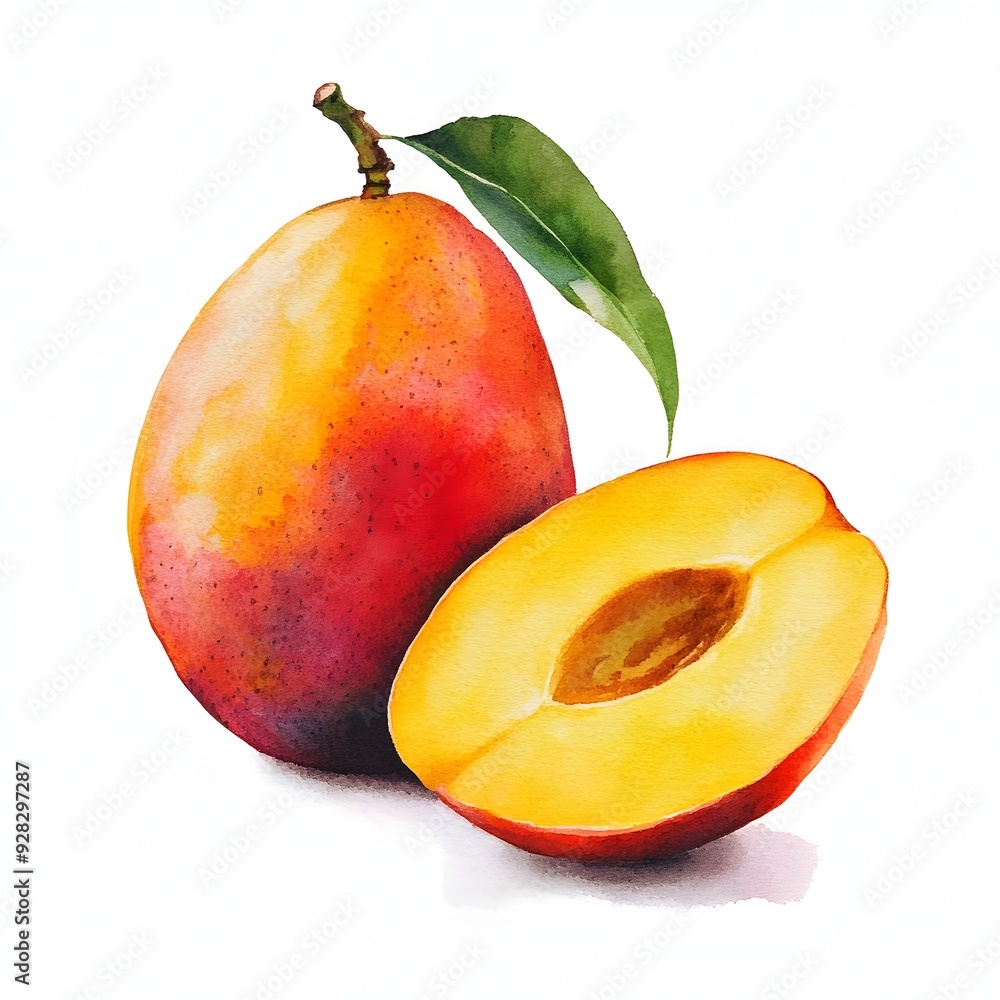 Ripe and unpeeled mango fruit against a clean white backdrop rendered ...