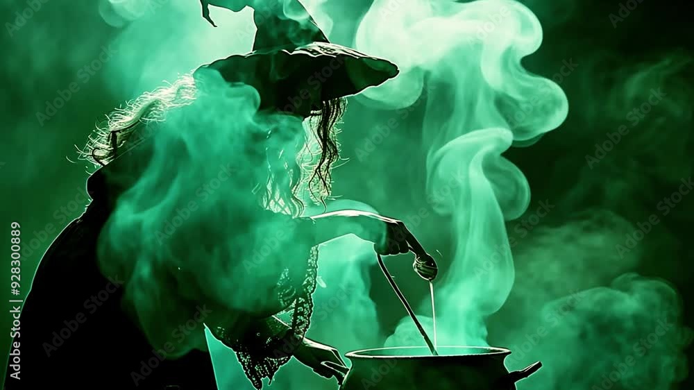 Witch making a poison green smoke. Art video Fantasy woman witch back ...