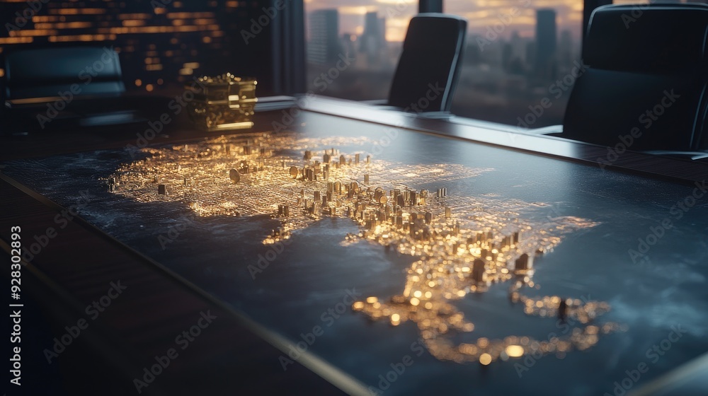 A surreal image of a treasure map unfurling on a polished boardroom ...