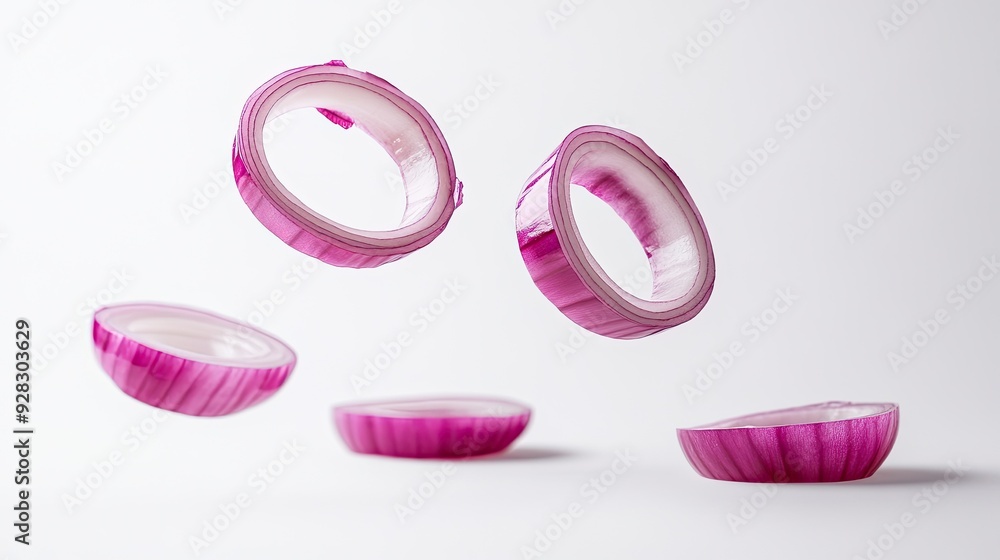 Thinly sliced rings of a red onion float in the air, each layer ...
