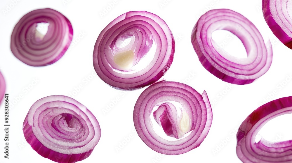 Thinly sliced rings of a red onion float in the air, each layer ...