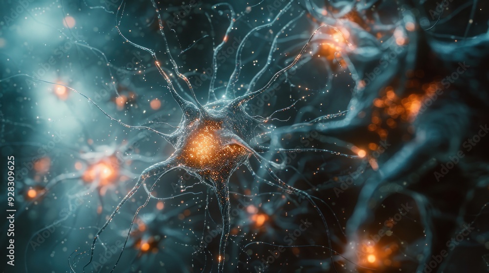 Neurons in the human nervous system in a lab with high-tech equipment ...