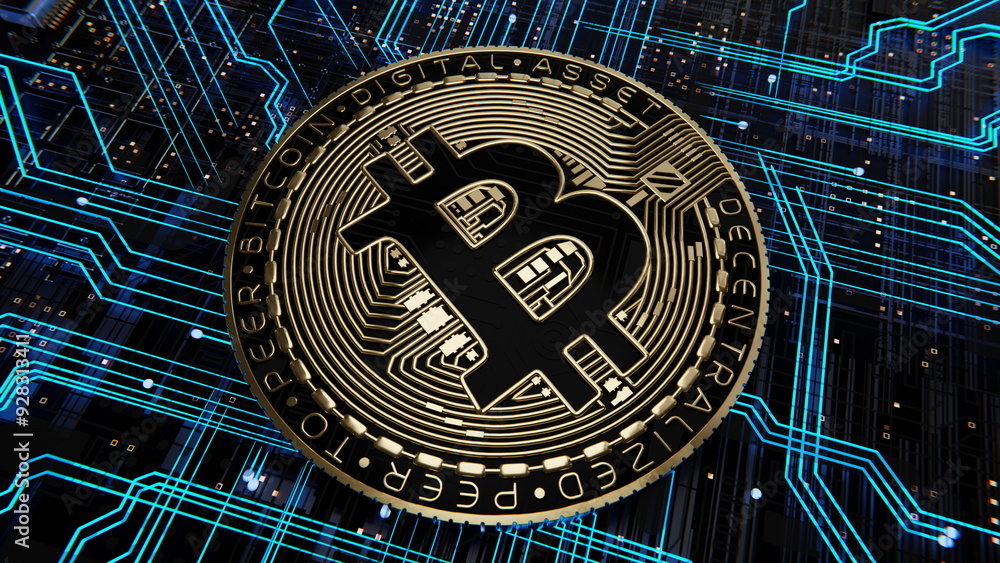 Detailed view of a Bitcoin coin set against a vibrant digital circuit ...