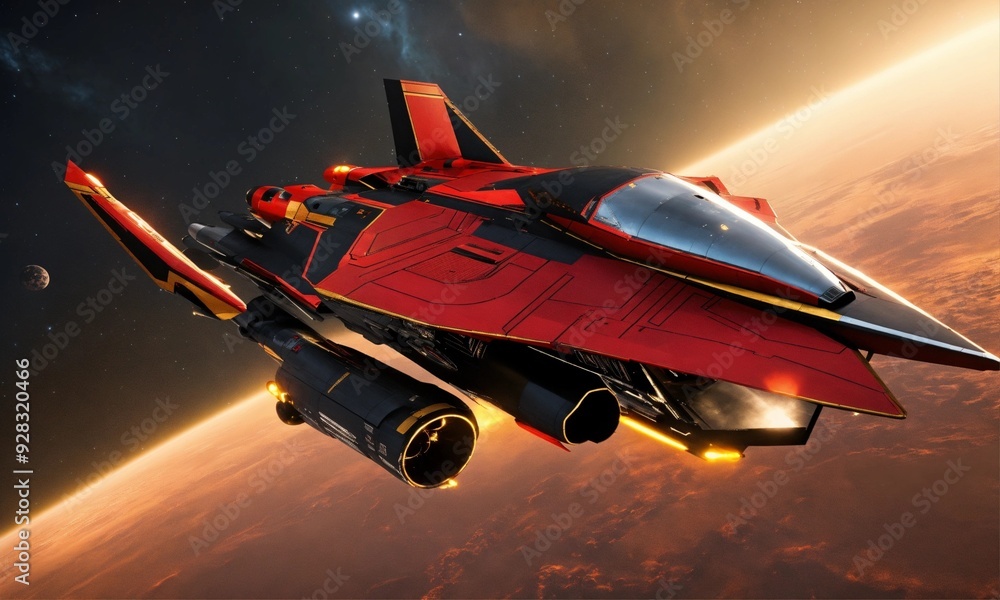 Sci-fi red, black, and gold space fighter aircraft – symmetrical unreal ...