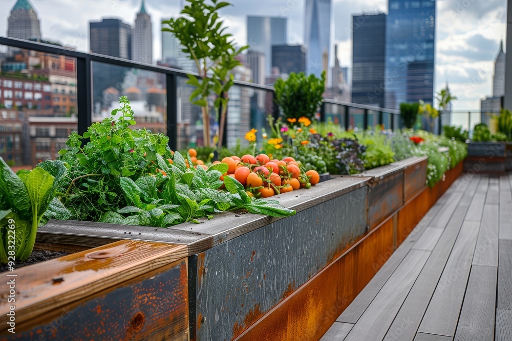 Urban rooftop garden with raised beds of fresh vegetables and herbs ...