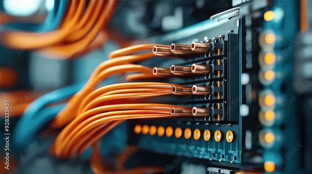 Close-up of orange ethernet cables connected to a network switch in a ...