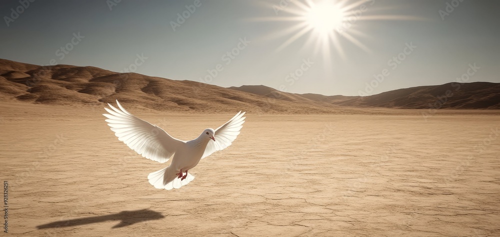 A lone white dove soars through a desert landscape, bathed in the ...