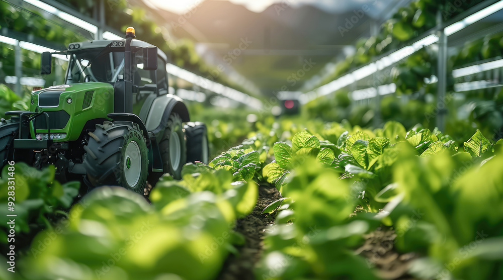 Electric farm vehicles tending to organic crops, green technology in ...