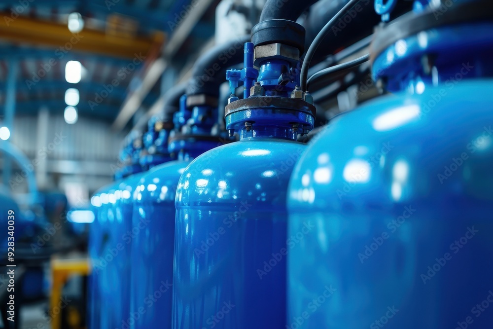 Blue oxygen tanks filled with compressed gas at a factory for ...