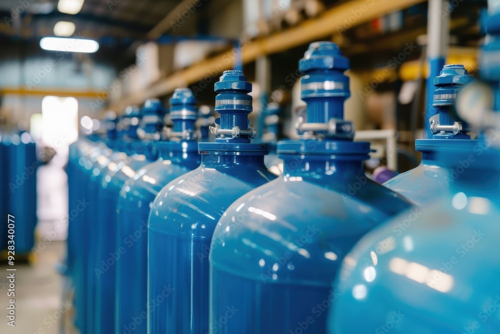 Blue oxygen tanks filled with compressed gas for industrial use in the ...