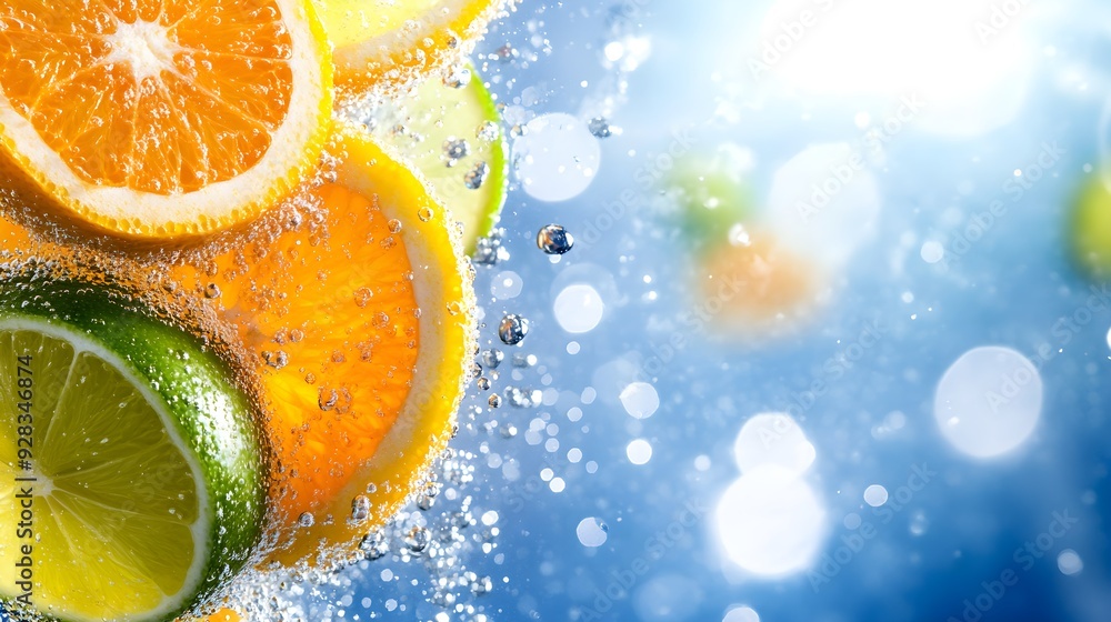 Citrus slices of orange, lemon, and lime floating in sparkling water, captured in high detail ...