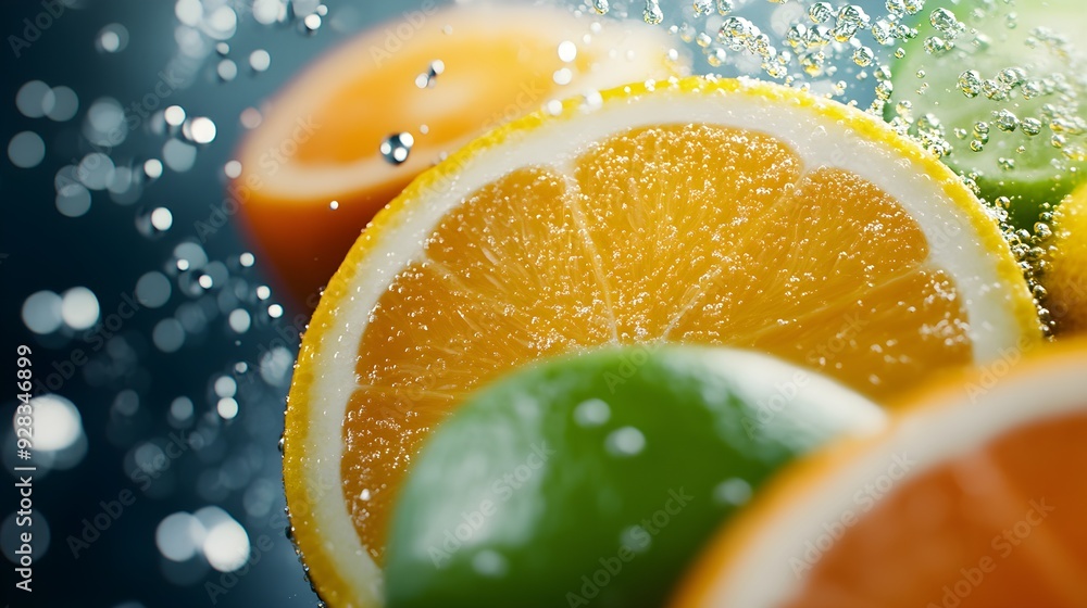 Citrus slices of orange, lemon, and lime floating in sparkling water, captured in high detail ...