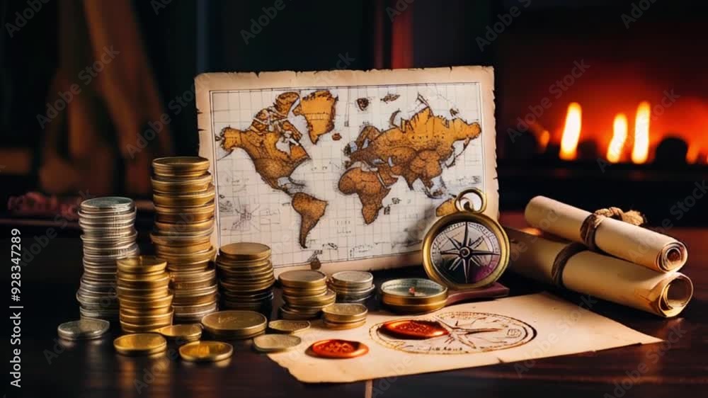 A vintage compass, stacks of gold coins, and a world map with wax seals ...