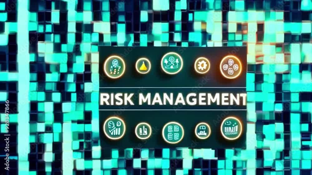 Risk management concept on teal tile wall with icons representing ...
