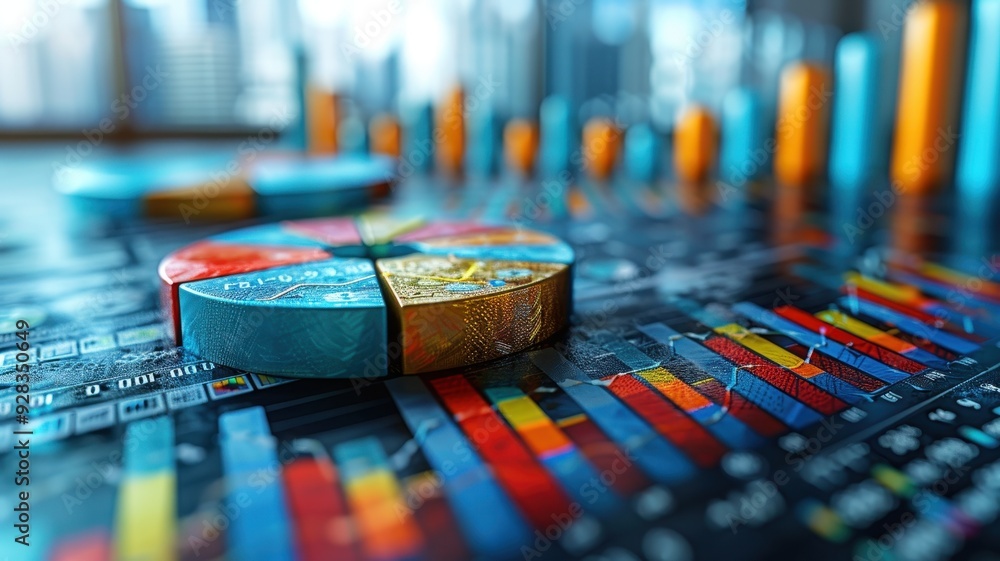 Colorful data visualization featuring pie charts and bar graphs, representing statistical ...